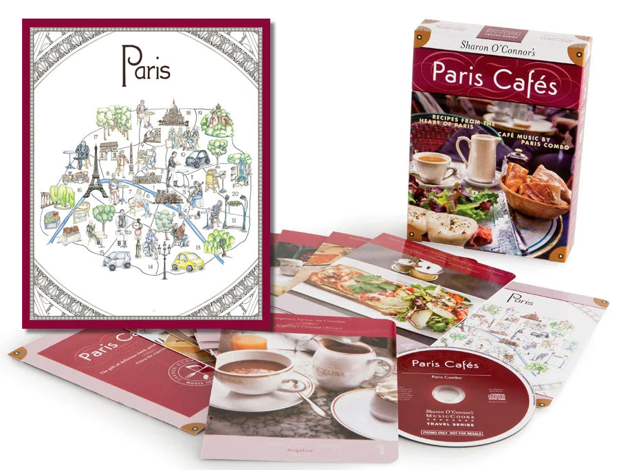 Paris Cafés plus Whimsical Paris Map — Menus and Music